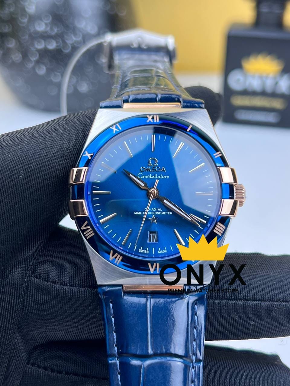Omega Constellation Blue Dial in Blue Leather 41mm - Onyx Store